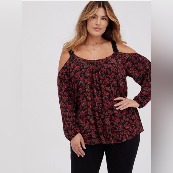 torrid | Tops | Torrid Red And Black Floral Cold Shoulder Blouse | Poshmark